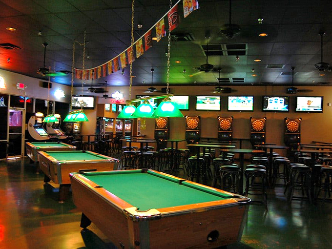 Where sports dreams and culinary fantasies collide – pool tables, dart boards, and enough TVs to make Best Buy jealous.