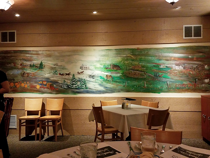 This charming mural transports diners to a winter wonderland of yesteryear, when dinner was an event and calories didn't count.