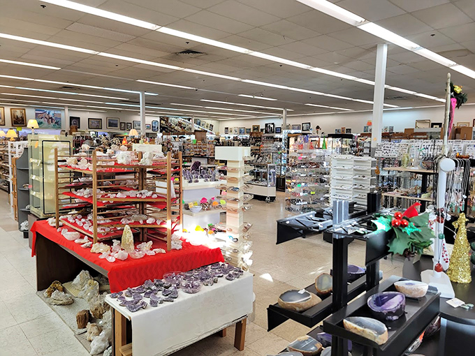 A treasure hunter's paradise unfolds inside, with crystals taking center stage on vibrant red displays while collectibles beckon from every corner.