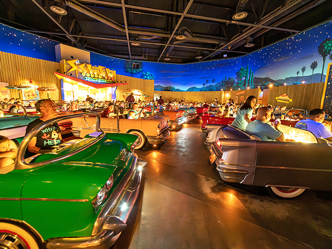 Step inside and you're transported to a perpetual twilight at the drive-in, where classic cars become dining tables under a star-filled "sky."