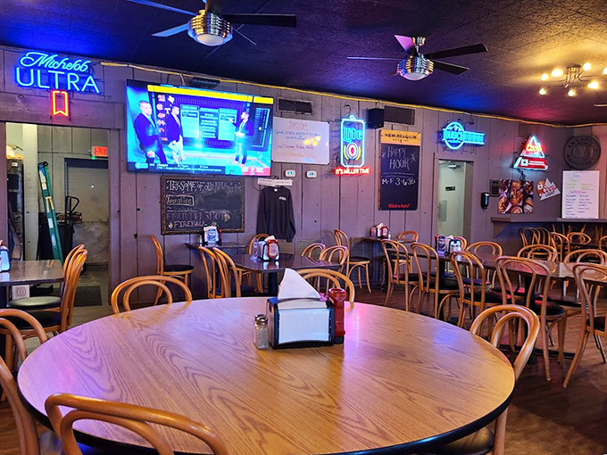 Inside, wood-paneled walls and neon beer signs create that perfect "everybody knows your name" vibe that makes comfort food taste even better.