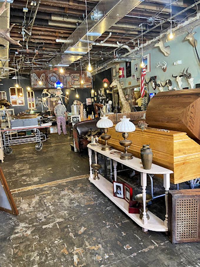 Inside, vintage furniture mingles with oddities under industrial lighting. That "MOTEL" sign isn't advertising lodging&mdash;unless you count temporary homes for the peculiar. 