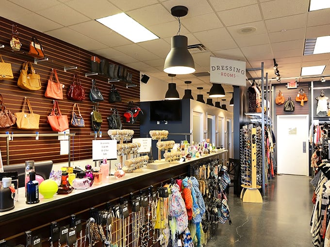 Handbag heaven! The accessories wall displays a rainbow of purses that would make Carrie Bradshaw consider moving to Idaho.