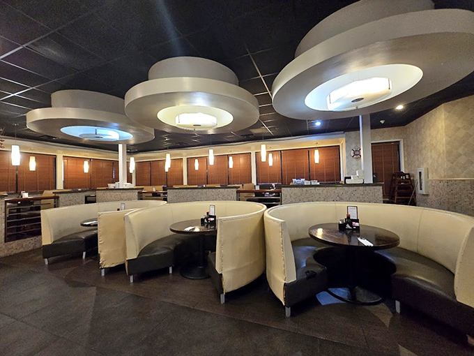 Modern elegance meets comfort in The Journey's thoughtfully designed interior. Those circular ceiling fixtures cast just the right glow for serious buffet strategizing.