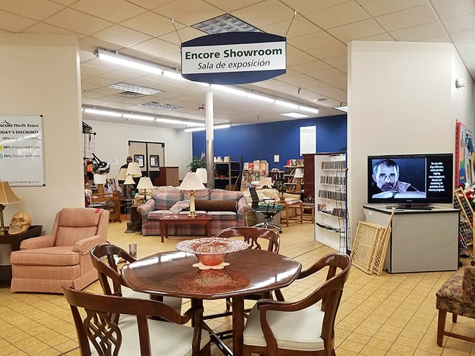 The "Encore Showroom" displays premium furniture pieces in room-like settings, letting you envision that mid-century table in your own living room.