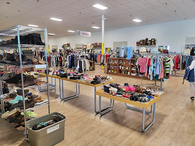 Navigate aisles upon aisles of neatly organized clothing and shoes, where that perfect vintage jacket or barely-worn pair of boots awaits its second chance at love.