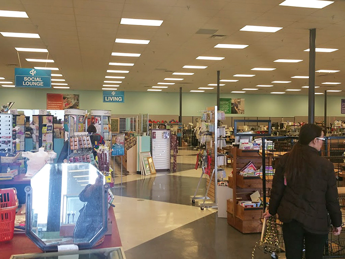 Department store organization meets thrift store prices. The "Social Lounge" and "Living" sections promise adventures your credit card won't regret later.