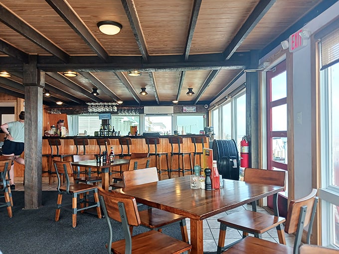 Wooden beams, natural light, and ocean views create that perfect "I'm officially on vacation" atmosphere even if you're just on a Tuesday lunch break.