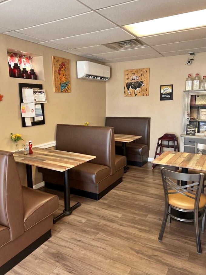 Inside Watson's, brown vinyl booths and wooden tables create that perfect small-town diner atmosphere. No designer lighting needed when the food shines this brightly.