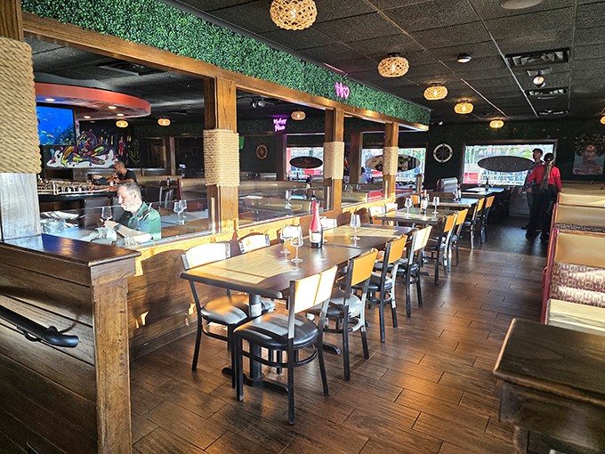 Nautical charm meets casual comfort in this dining room where the only thing more inviting than the decor is the aroma of seasoned seafood.