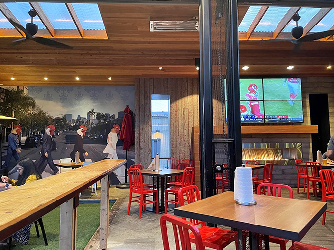 Abbey Road meets fried chicken heaven as The Beatles watch over diners. Music legends supervising your meal? That's what I call dinner and a show!