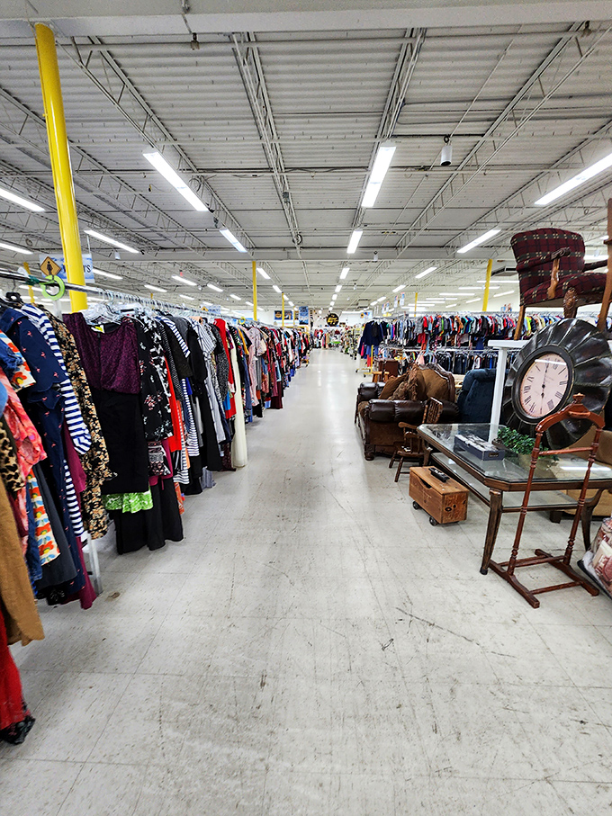 Endless racks stretch toward the horizon in this secondhand paradise, where one person's castoffs become another's fashion statement.