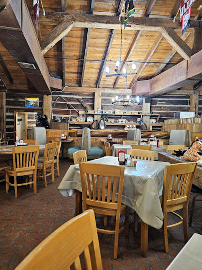 Rustic wooden beams and brick floors create the authentic cabin experience&mdash;minus the bears, thankfully.