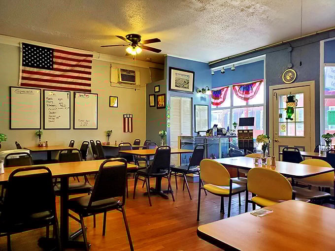Red, white, and blue d&eacute;cor sets the patriotic tone inside Kathy's, where ceiling fans lazily spin above tables that have hosted decades of local conversations.