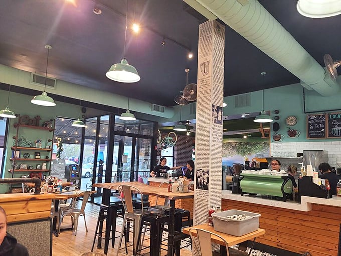 Inside, wooden tables and industrial-chic lighting create the perfect backdrop for breakfast drama. The open, airy space buzzes with anticipation of pancake towers to come.