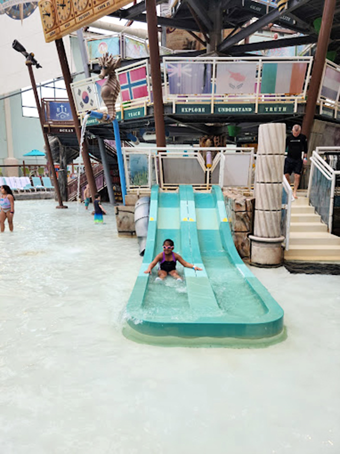 Colorful multi-lane slides prove that the quickest route from point A to point B involves water, gravity, and gleeful shrieking.