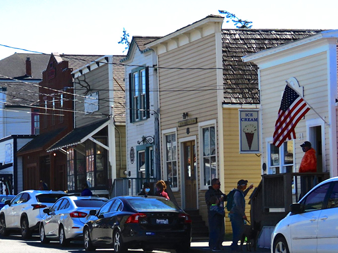 Main Street's charming facades invite exploration, with the ice cream shop promising sweet rewards after a day of wandering.