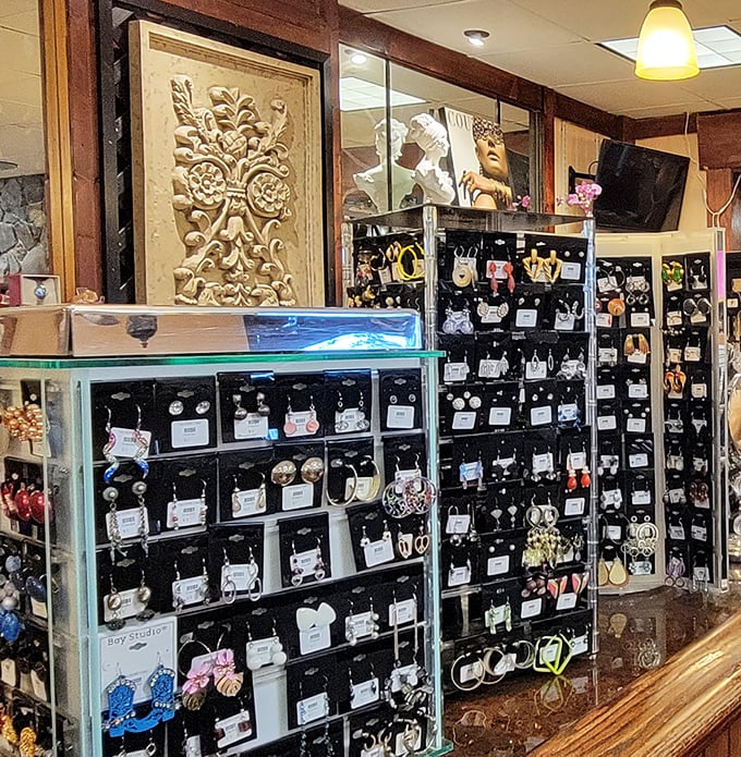 Jewelry hunters, rejoice! This meticulously organized display case holds hundreds of potential statement pieces waiting to transform your outfit for pocket change.