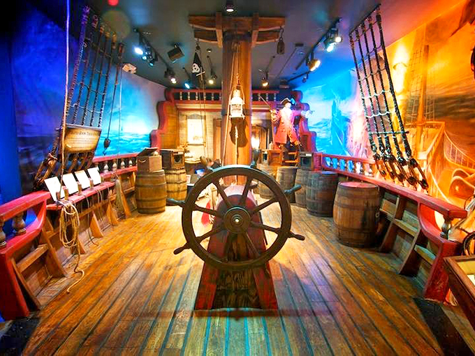 Step aboard and grab the wheel, captain! This meticulously crafted ship deck makes you half-expect the floor to start pitching with the waves.