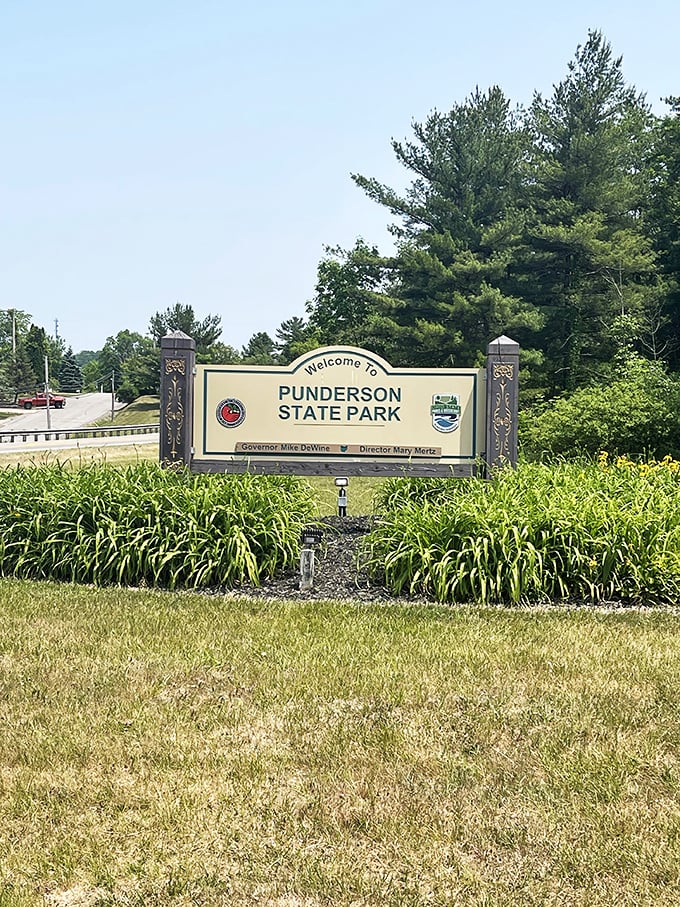 The unassuming welcome sign &ndash; like finding the entrance to Narnia, except instead of a wardrobe, you've got 748 acres of Ohio magic.