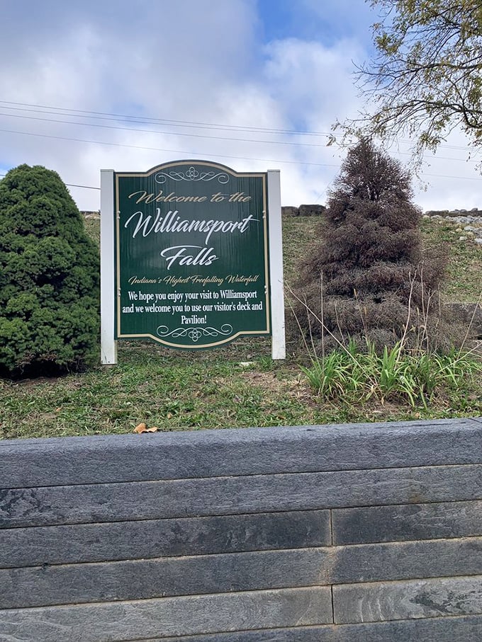 "Indiana's Highest Free-falling Waterfall" isn't just bragging&mdash;it's geography. This welcoming sign promises adventure while politely requesting you stay safe.