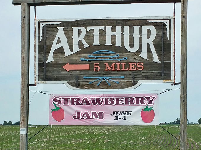 Just five miles to strawberry heaven! This weathered sign promises not just a town, but a seasonal celebration worth the drive.