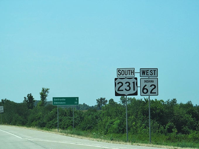 Road trip bingo just got easier! These iconic black and white signs mark the intersection where adventure meets navigation in rural Indiana.