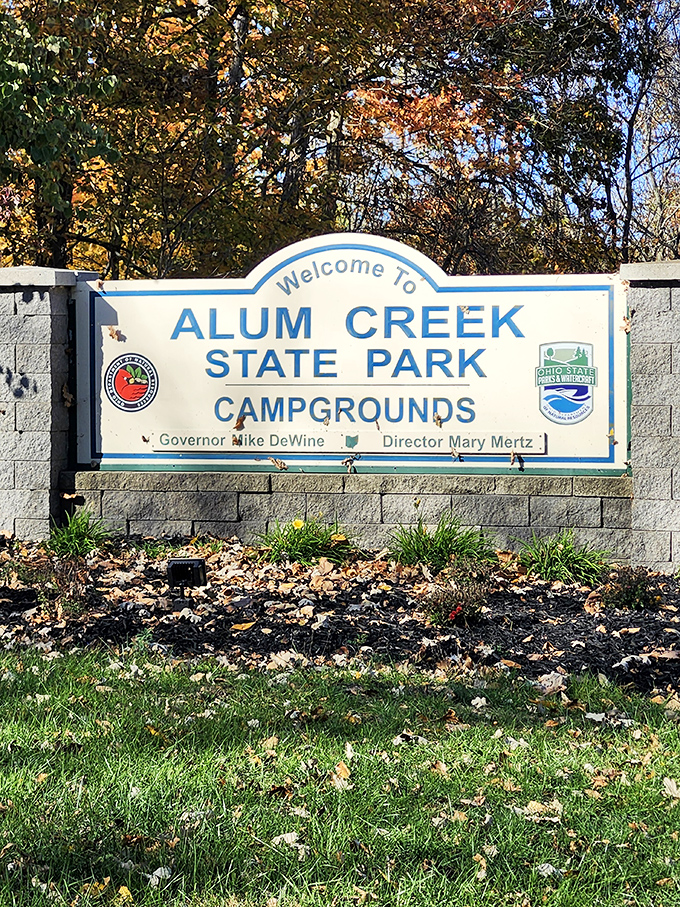 Nature's welcome mat. The entrance sign stands proud against a backdrop of autumn foliage, promising adventures that Instagram filters can't improve upon.