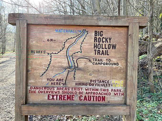 Nature's roadmap to serenity. The trail sign's warning about "extreme caution" only adds to the thrill of discovery ahead.