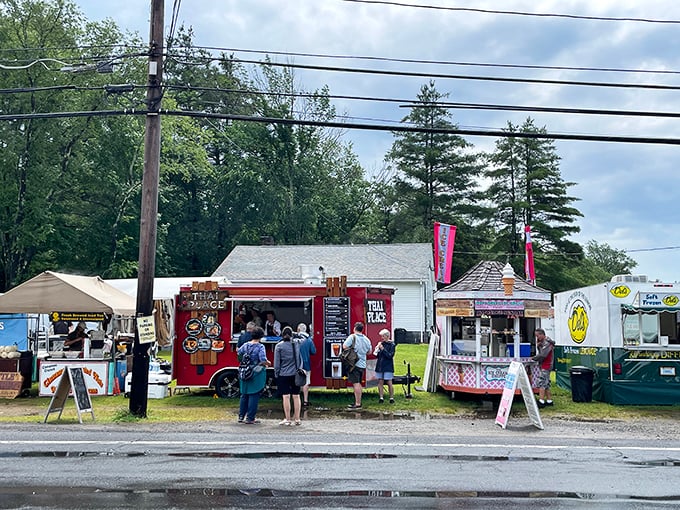 Food trucks line Brimfield's fields, offering sustenance to the army of collectors navigating this antique wonderland.
