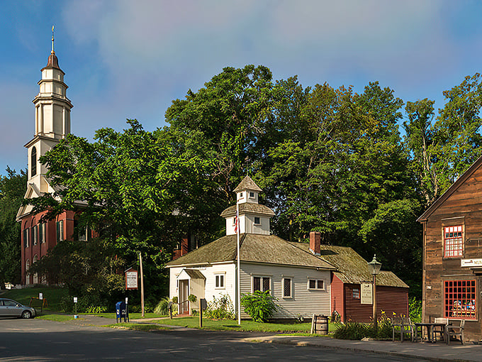 Deerfield: A church spire watches over historic buildings, where colonial America lives on. Time travel without the complicated math.