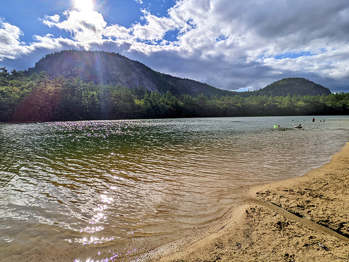Echo Lake's sandy beach meets dramatic cliffs - like Hawaii decided to vacation in New Hampshire for the summer.