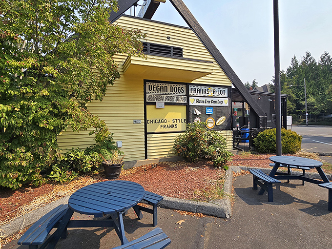 Chicago meets Portland at this sunshine-yellow A-frame, where hot dogs are dressed better than most wedding guests.
