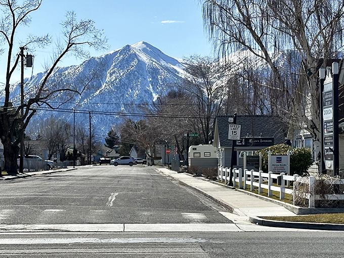 Gardnerville's main street unfolds beneath snow-capped mountains – a postcard view that elsewhere would require a millionaire's budget.