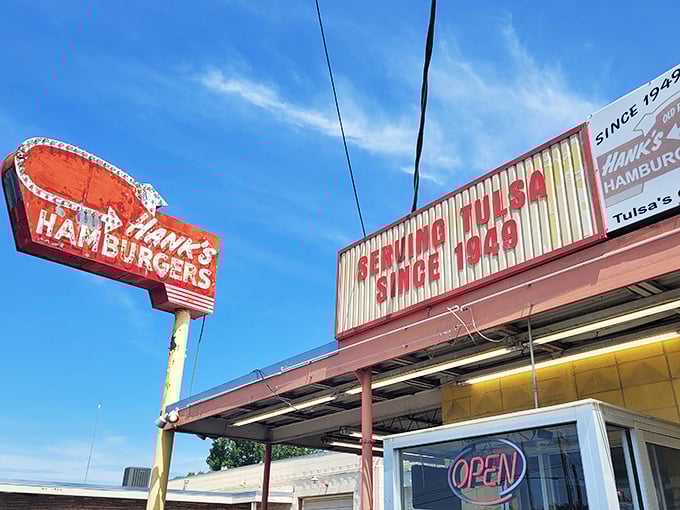 Hank's Hamburgers' vintage sign has been guiding hungry Tulsans to burger bliss since the days when Elvis was king.