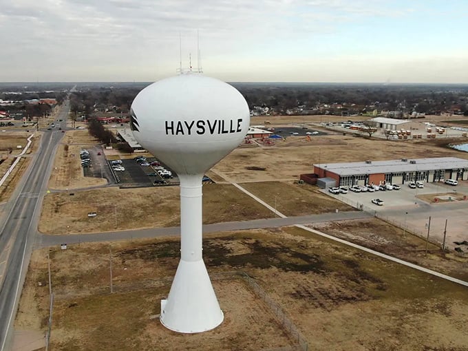 Haysville's distinctive water tower stands tall against the Kansas sky, marking this affordable haven for retirees seeking budget-friendly living.