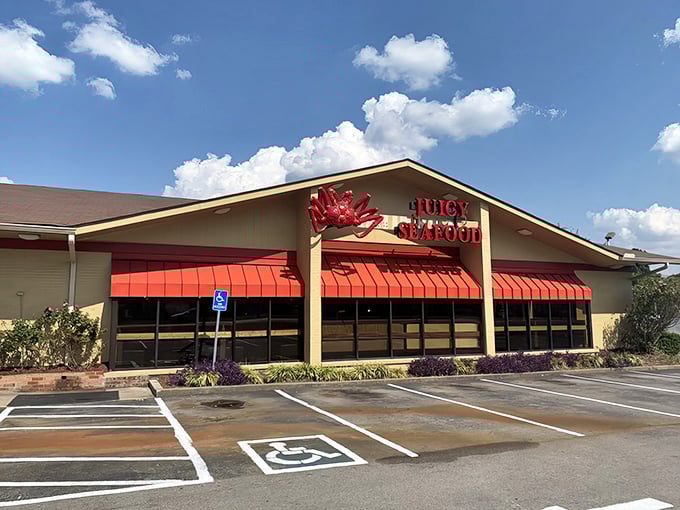 Juicy Seafood's no-nonsense exterior with its bold red awnings &ndash; like a seafood emergency room ready to cure your shellfish cravings.