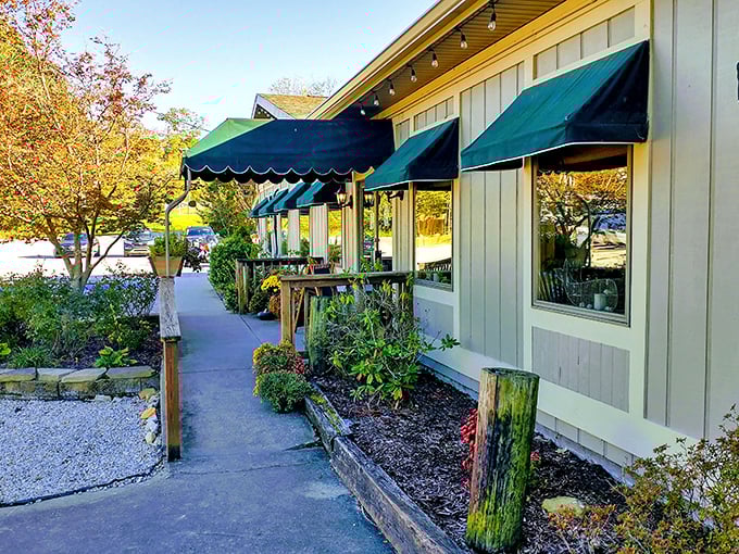Lake House Restaurant garden view: "Garden path to seafood paradise. Like finding an oasis where the specialty isn't mirages, but perfectly cooked fish."