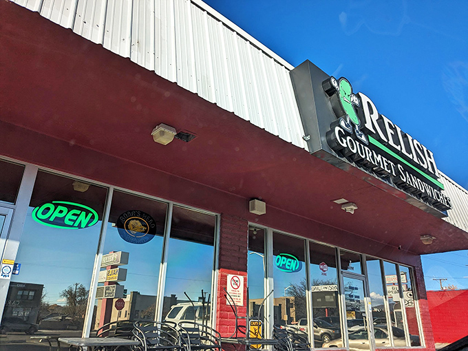 Relish's walking pickle mascot says it all - they're serious about sandwiches but don't take themselves too seriously.