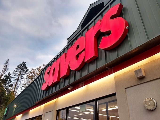 Savers' bold red signage against forest green &ndash; like Christmas morning for bargain hunters year-round.