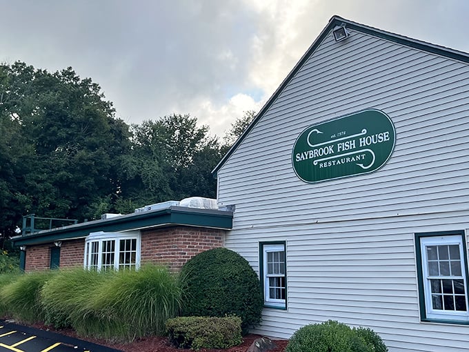 Saybrook Fish House stands proudly against the sky – no ocean view needed when the seafood speaks for itself.