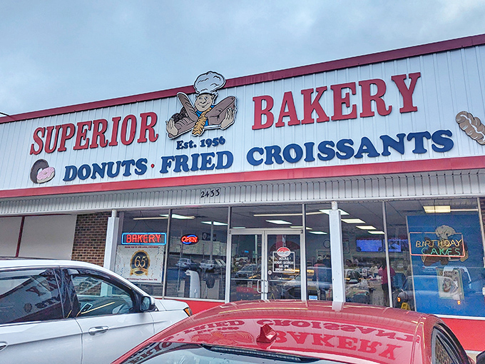 Superior Bakery's retro sign promises exactly what's inside: donuts and fried croissants that defy gravity with their lightness.