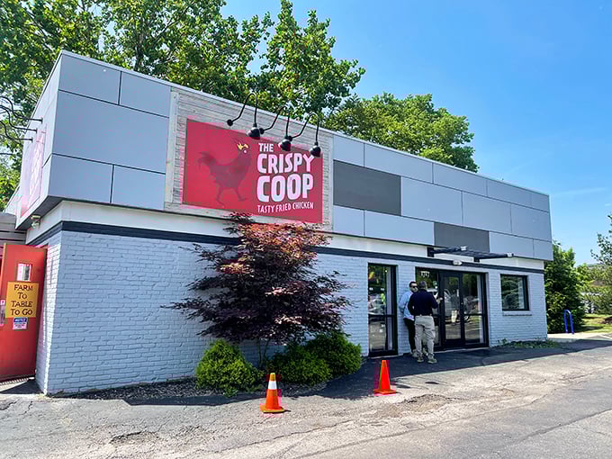 The Crispy Coop's modern storefront hides old-school chicken magic &ndash; that red rooster logo practically crows "Get in here!"