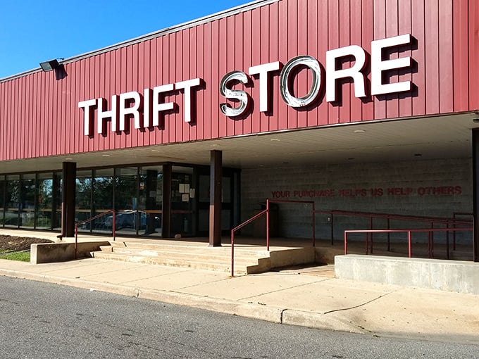 The bold red "THRIFT STORE" sign promises adventures in bargain hunting that rival any treasure map.