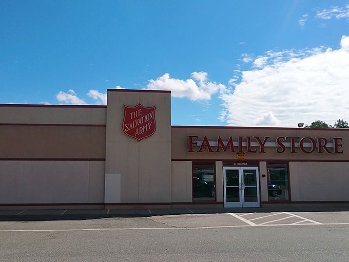 The Salvation Army's iconic shield logo stands guard over a warehouse of possibilities and second chances.