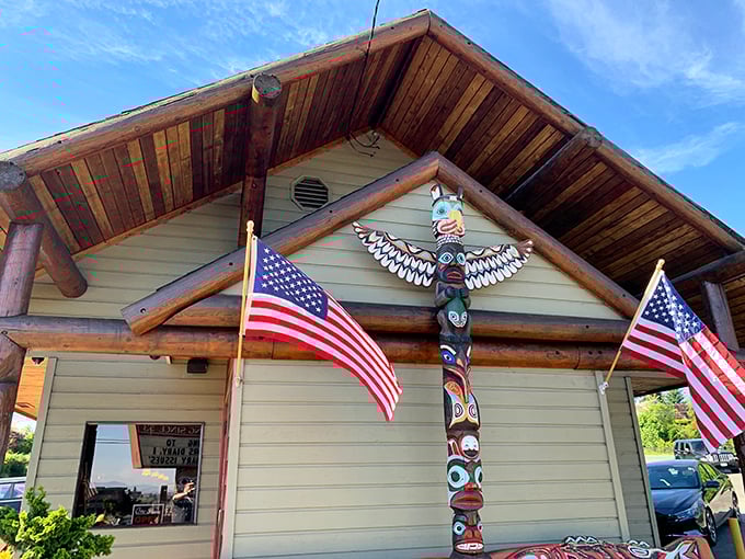 Totem Family Diner's striking Native American craftsmanship welcomes hungry travelers with artistic cultural flair.