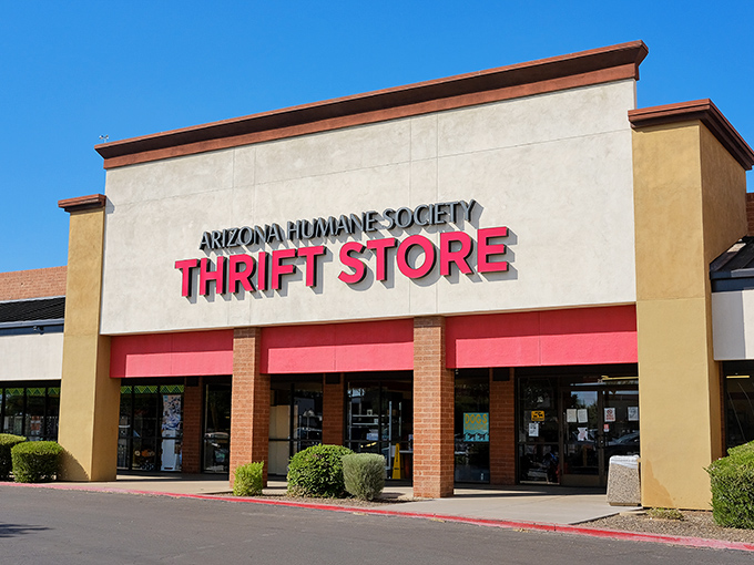 Sunshine, blue skies, and bargains await. This thrift store's fa&ccedil;ade is as welcoming as a neighbor offering fresh-baked cookies.