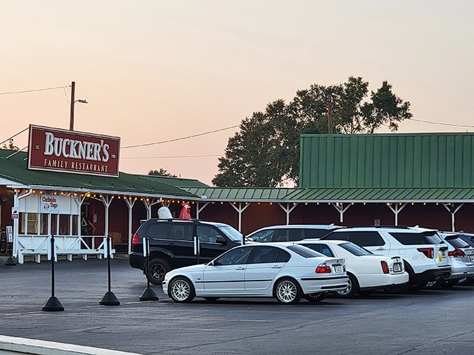Sunset at Buckner's when the parking lot fills with cars and stomachs fill with legendary Southern cooking. Worth every minute of the wait!