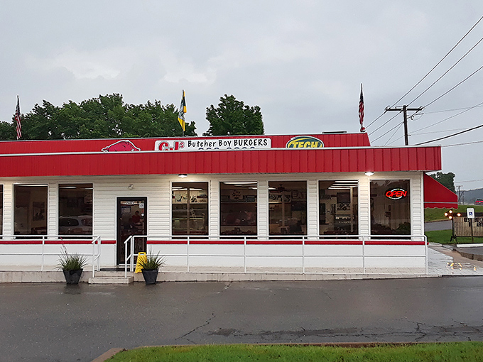 Rain or shine, CJ's Butcher Boy stands like a beacon of burger hope. The American flag says patriotism; the building says "get in here now."