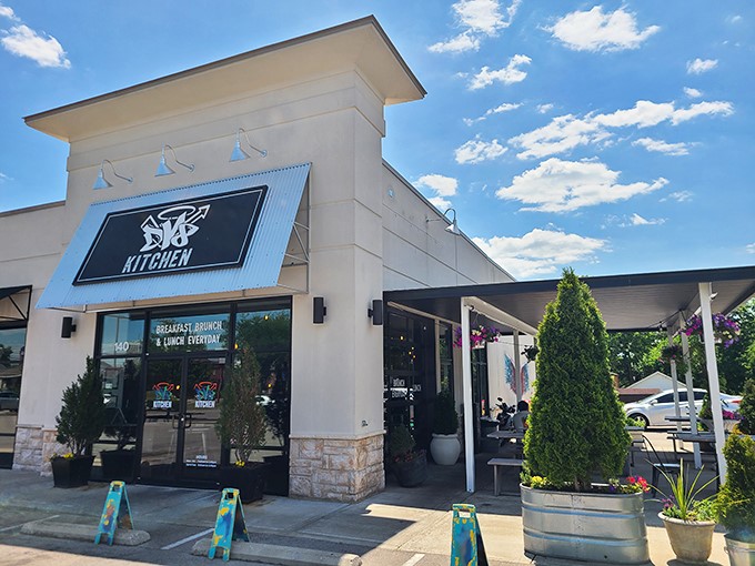 Blue skies, green plants, and sandwiches that might just change your life &ndash; DV8's outdoor seating beckons on sunny Kentucky days.